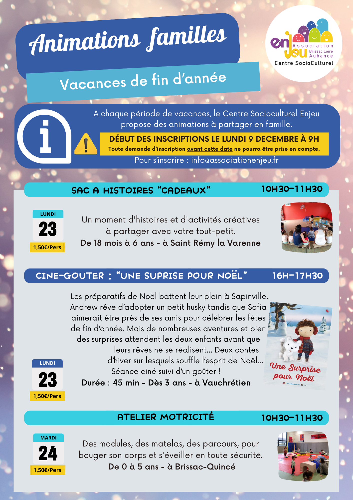Programmation des animations familles vacances de fin d'année — Association Enjeu